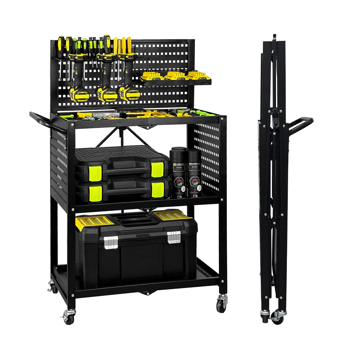 Lumizone 3-Tier Foldable Rolling Tool Cart with Wheels, Utility Cart ...
