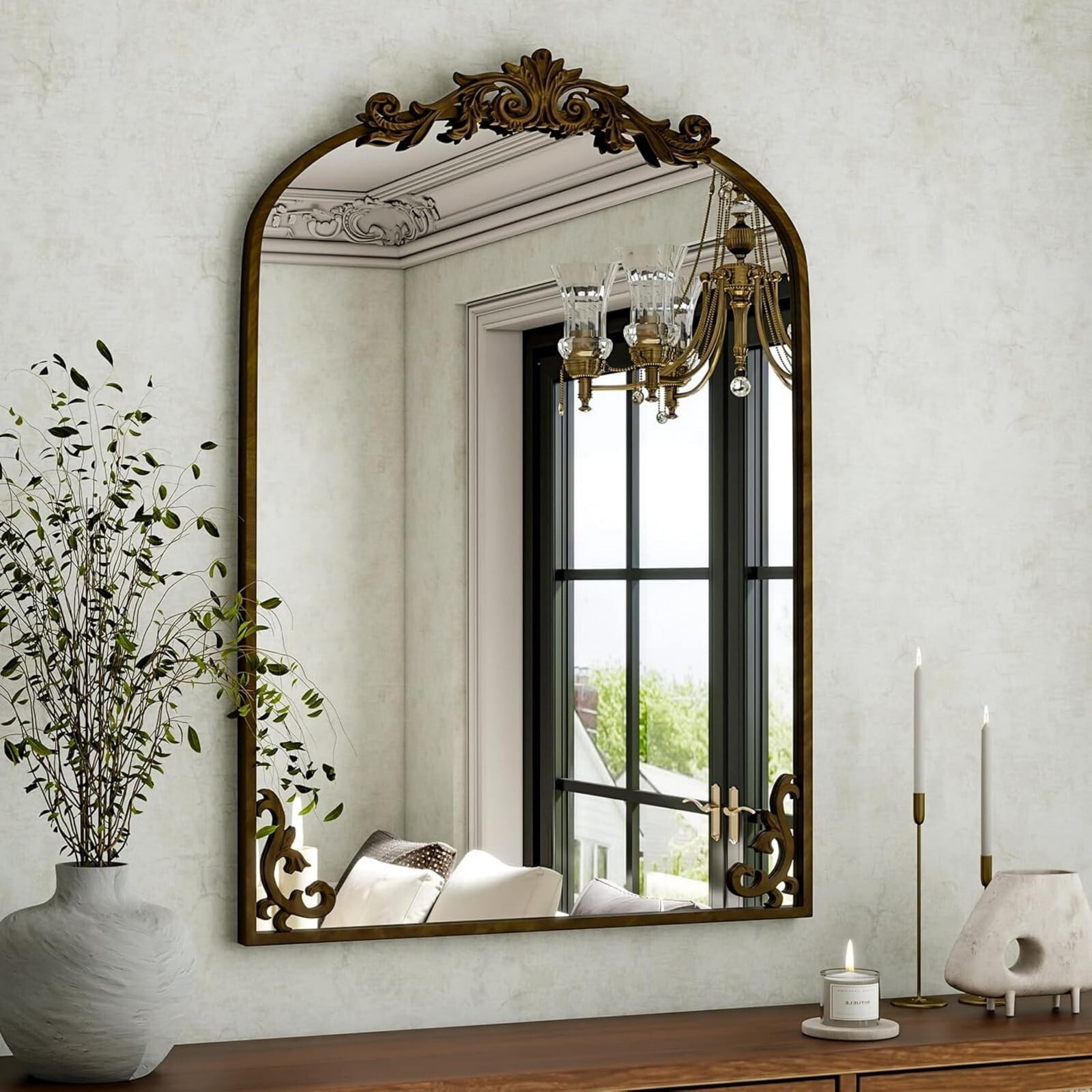 Lumora 24"x36" Arched Vintage Carved Bathroom Wall Mirror, Antique ...