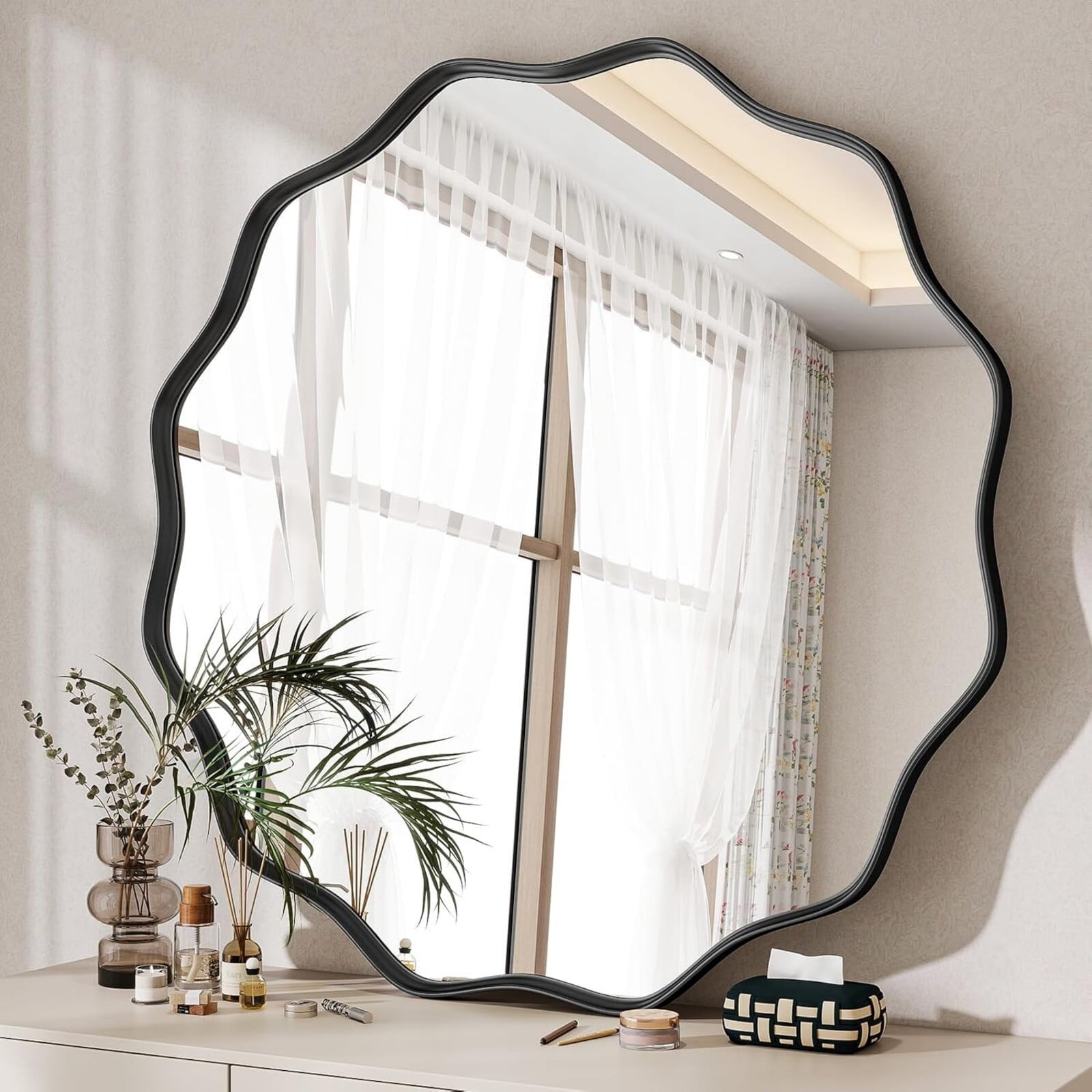 Lumora 30" Round Wavy Aluminum Alloy Frame Circle Mirror,Black ...