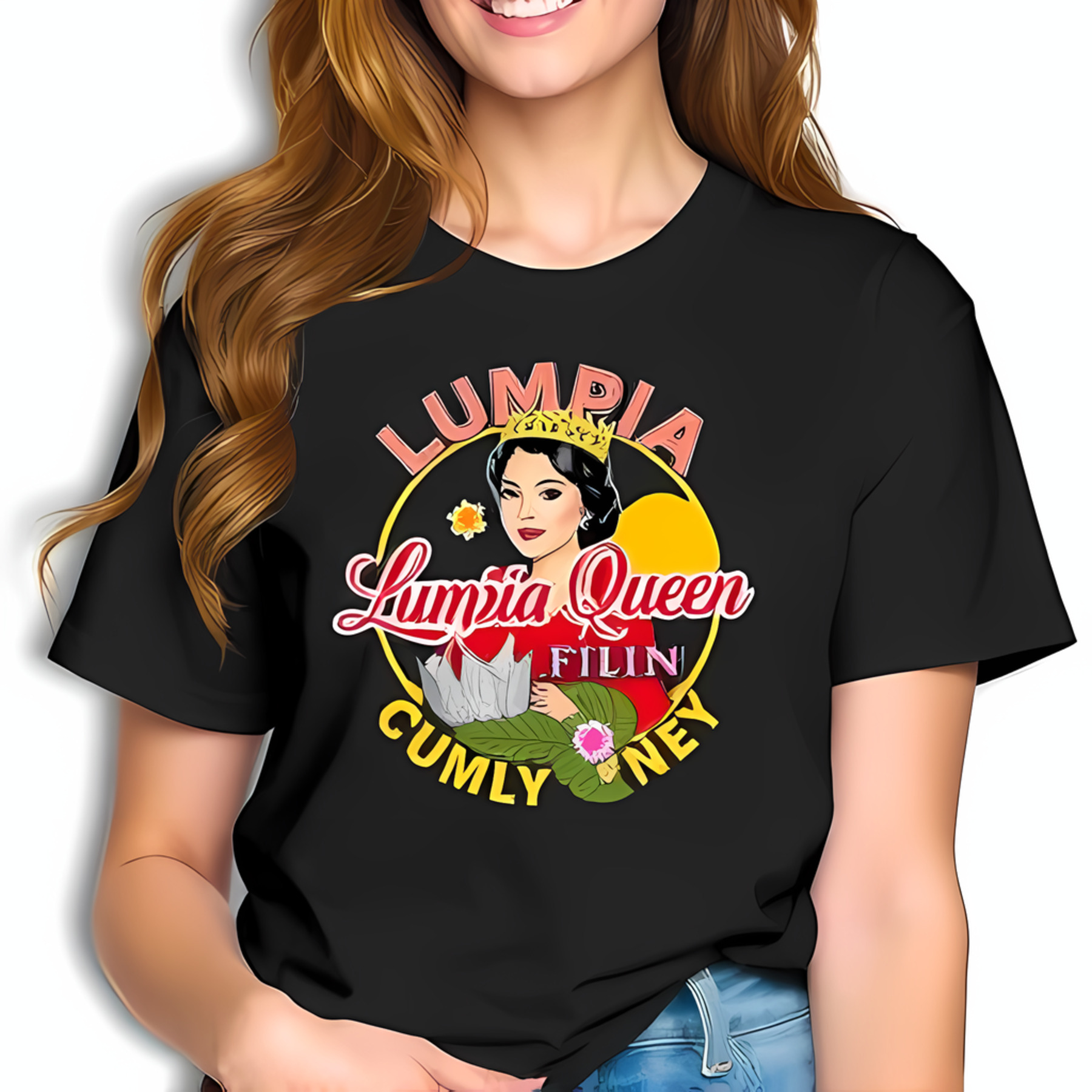 Lumpia Queen Cotton Short Sleeve T-Shirt - Vibrant Crowned Queen ...