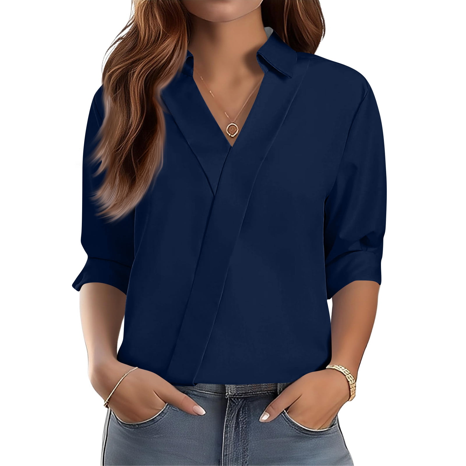 Lumtrix 3/4 Length Sleeve Womens Tops Dressy V Neck Collared Shirts ...