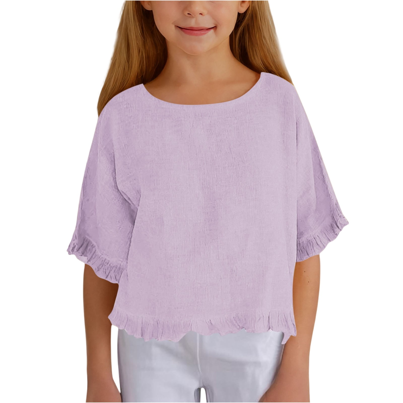 Lumtrix Cotton Linen Ruffle Tops for Girls Casual Crewneck Elbow ...