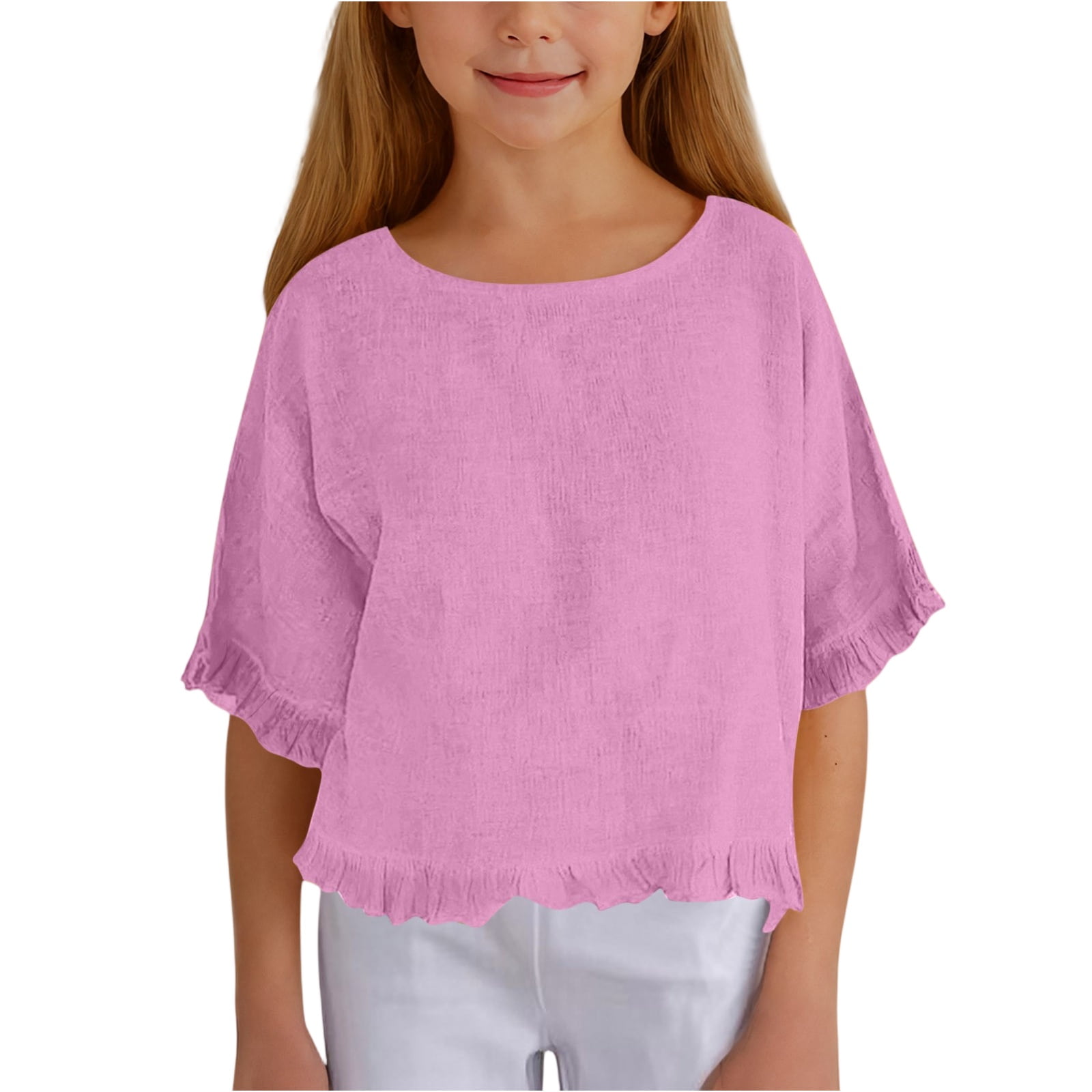 Lumtrix Cotton Linen Ruffle Tops for Girls Casual Round Neck Ruffled ...