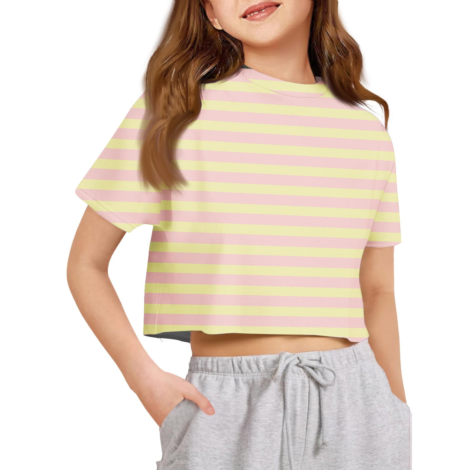 Lumtrix Girls Crop Tops Short Sleeve T-Shirts for Girl Crew Neck Striped Print Basic Tee Size 2 ...