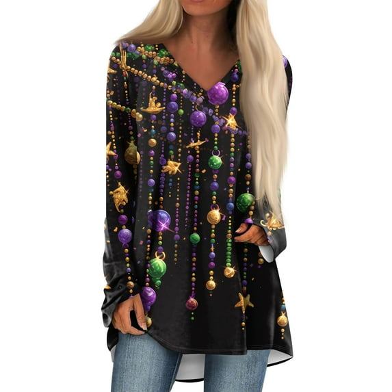 Lumtrix Mardi Gras Long Shirts for Women: Funny Mask Graphic Tee ...