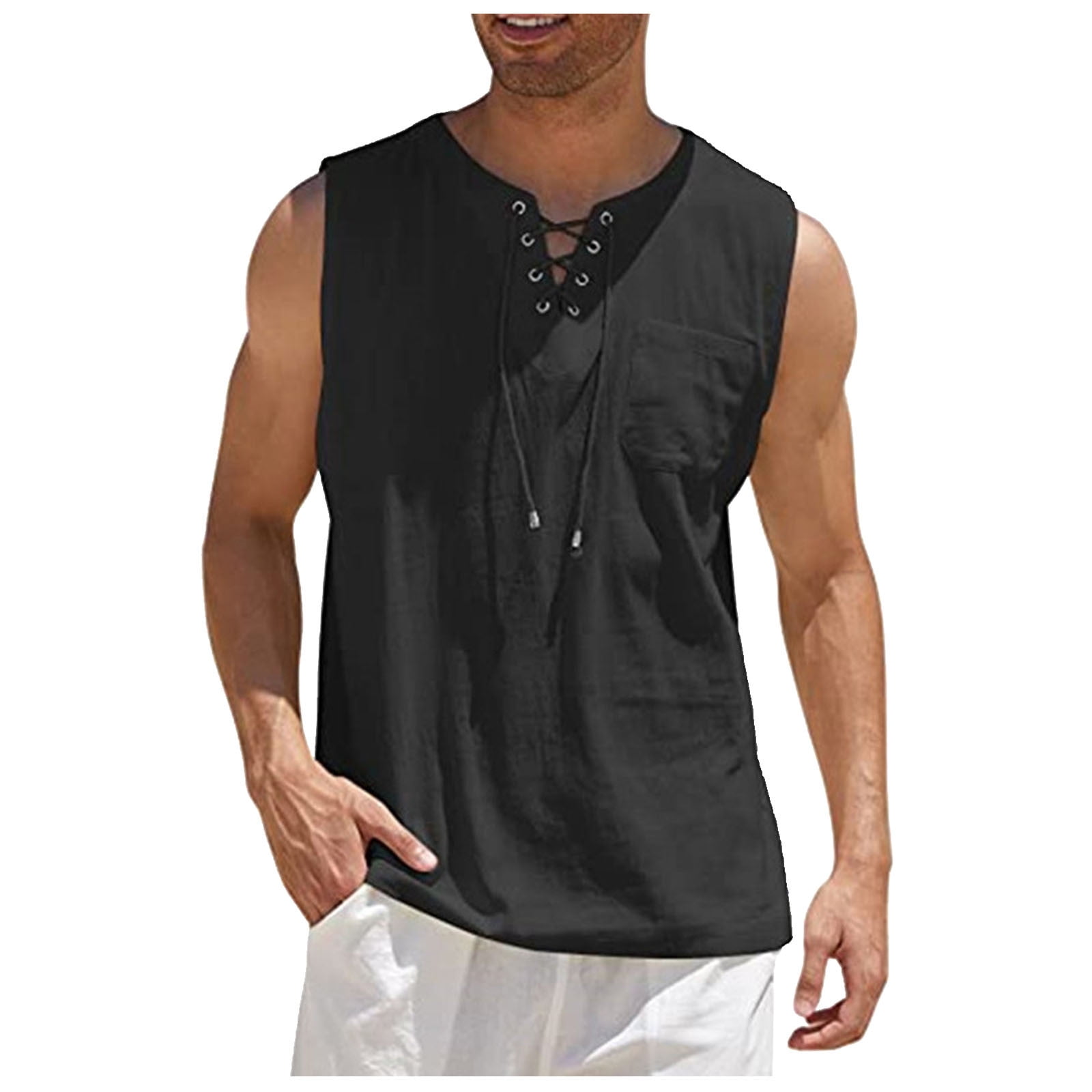 Lumtrix Men Tank Top Cotton Linen Beach Sleeveless Shirt Lace Up ...