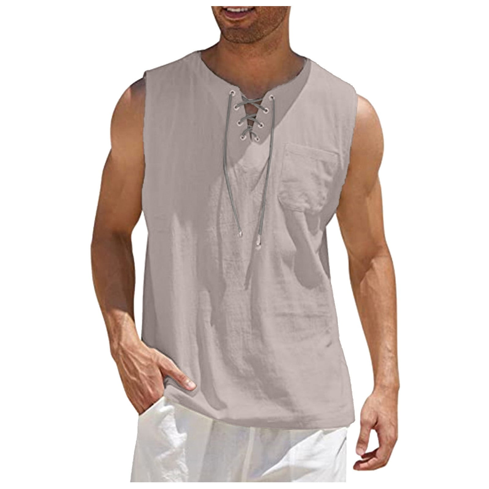 Lumtrix Men Tank Top Cotton Linen Beach Sleeveless Shirt Lace Up ...