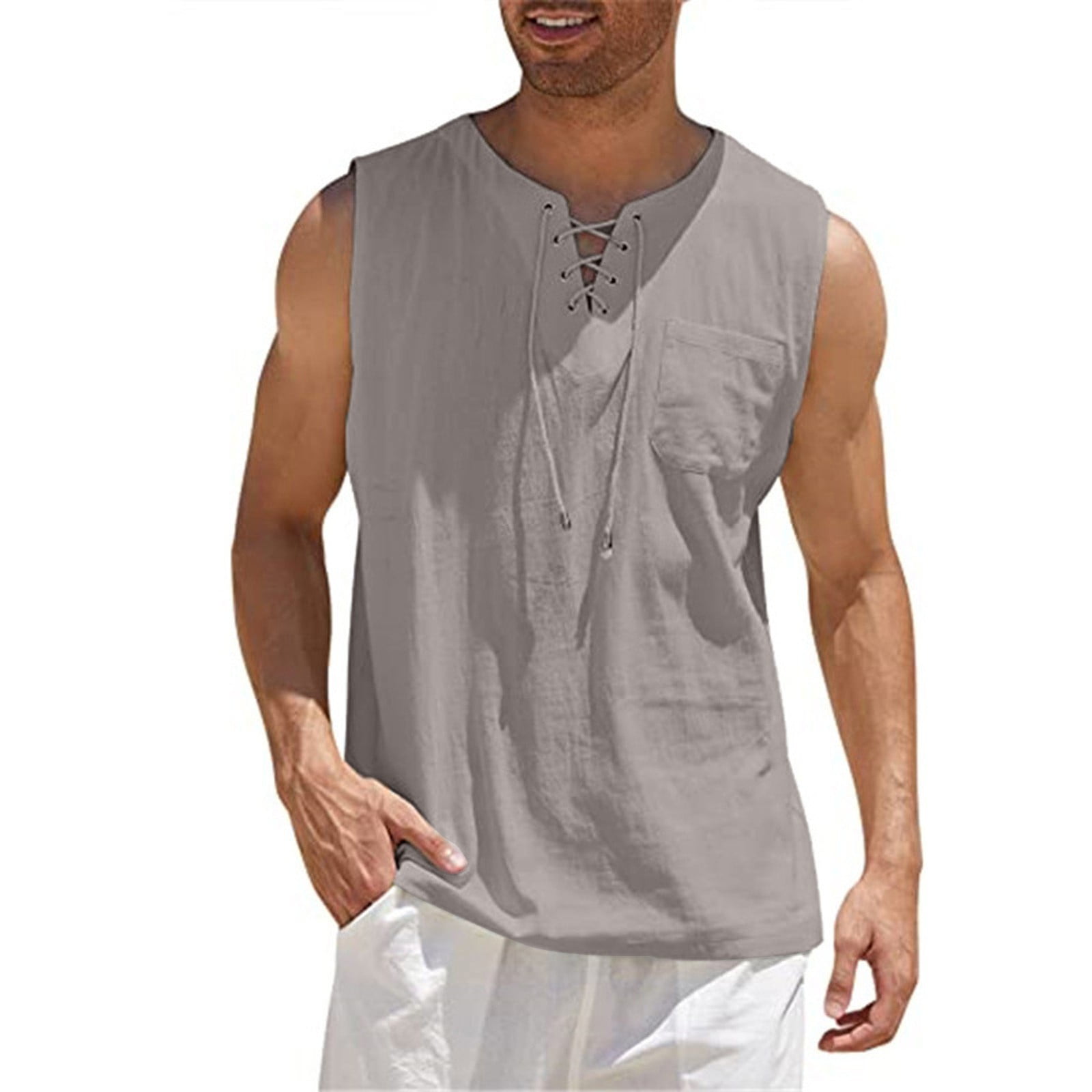 Lumtrix Men Tank Top Cotton Linen Beach Sleeveless Shirt Lace Up ...