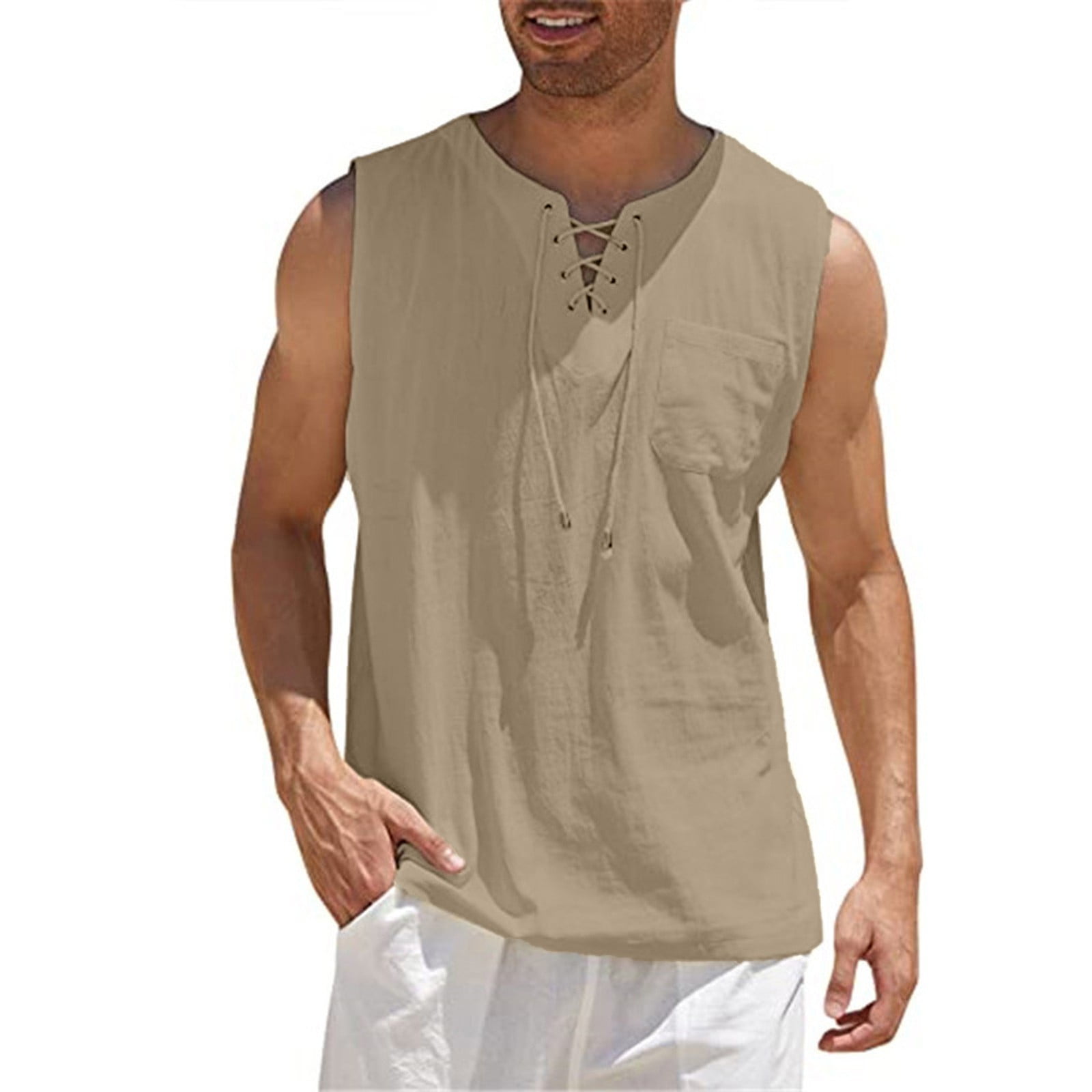Lumtrix Men Tank Top Cotton Linen Beach Sleeveless Shirt Lace Up ...