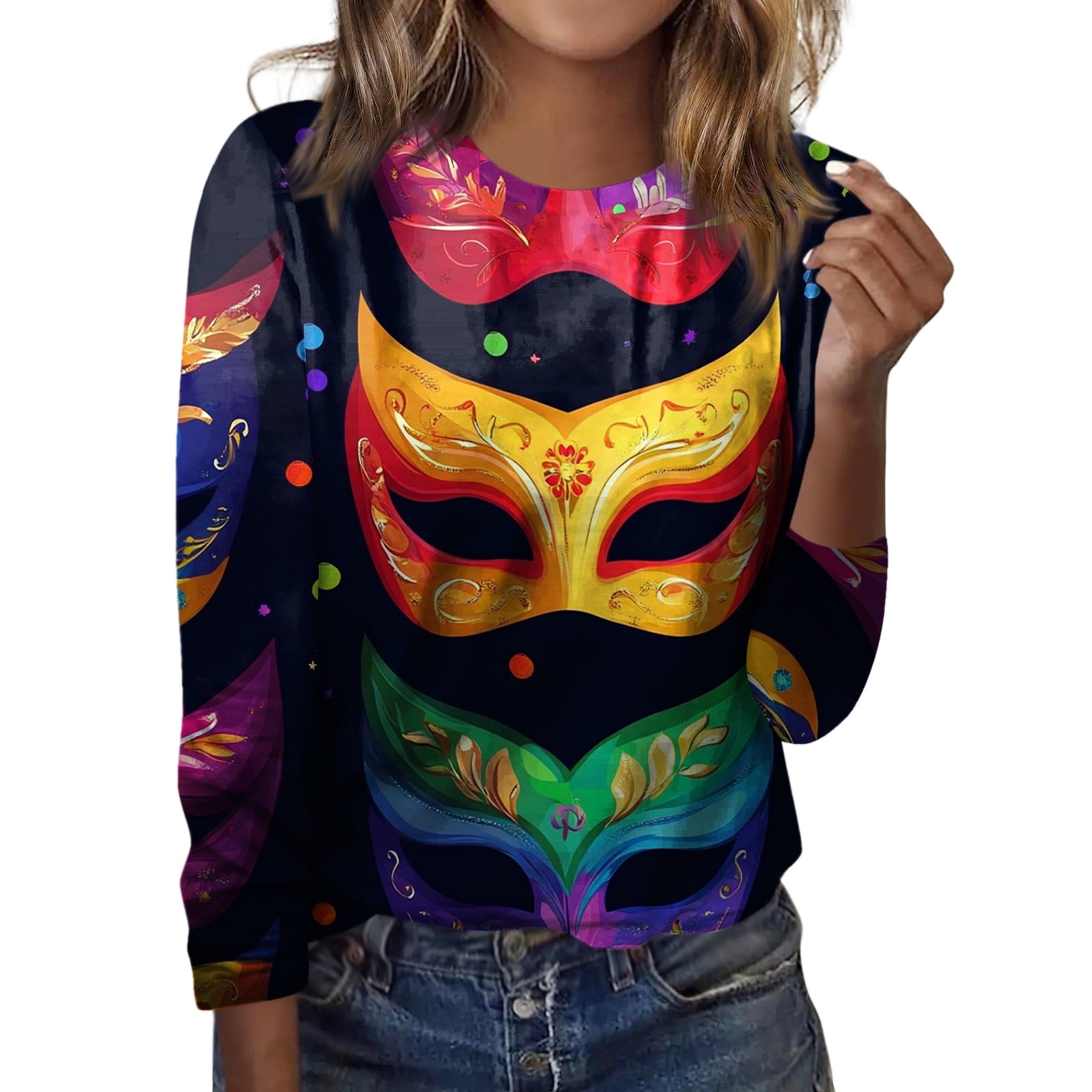 Lumtrix Plus Size Mardi Gras Shirt For Women Long Sleeve Graphic ...