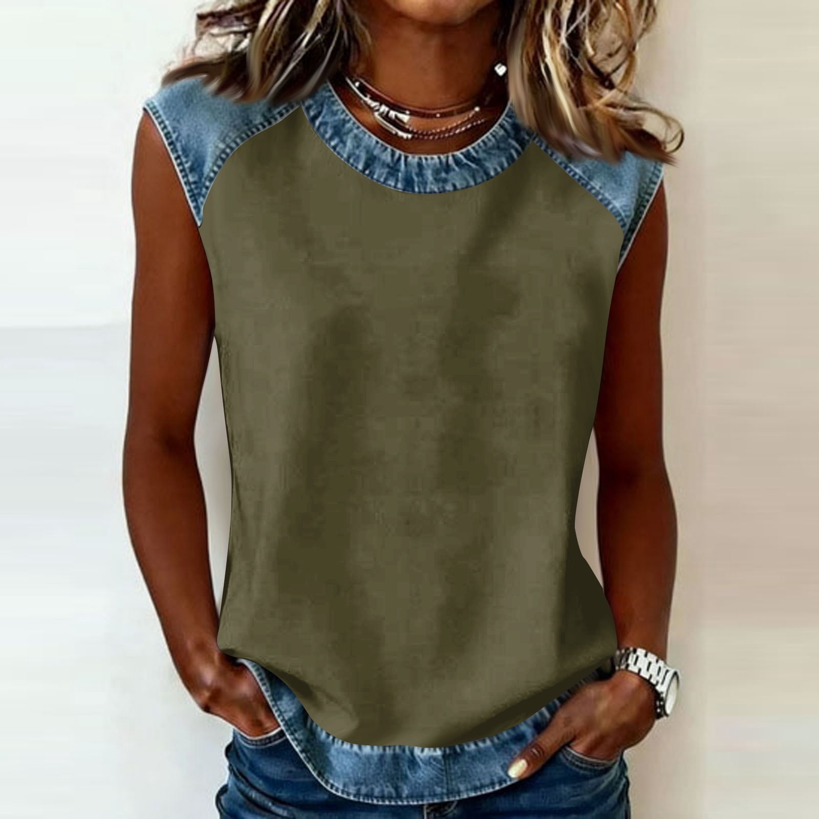 Lumtrix Print Faux Denim Trim Tank Top For Women Patchwork Sleeveless ...