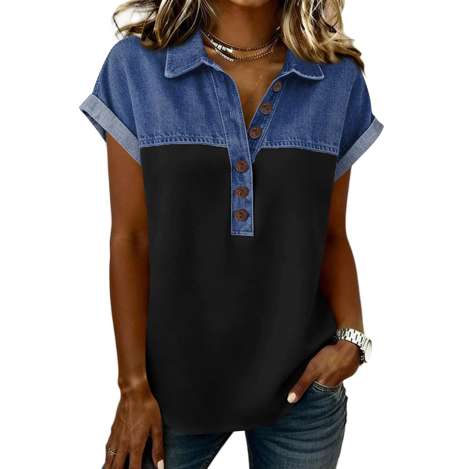 Lumtrix Shirts For Women Button Down V Neck Lapel Denim Collar Casual ...