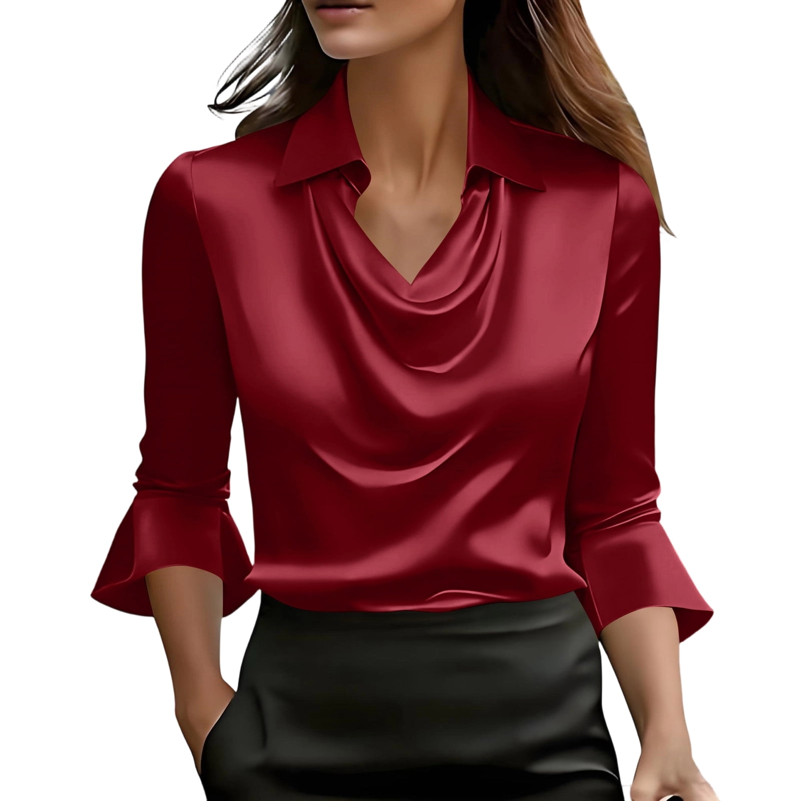 Lumtrix Women'S Elegant Cowl Neck Satin Silk Blouse 3/4 Bell Sleeve ...