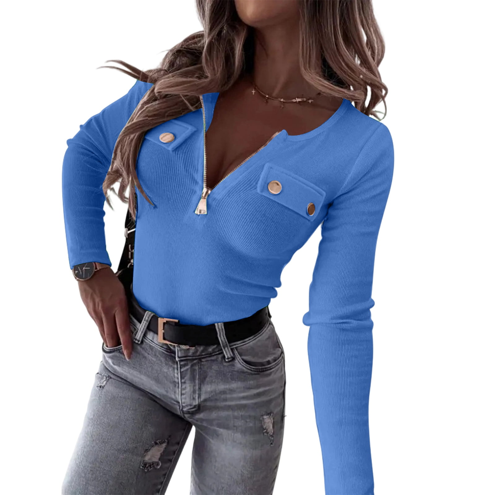 Lumtrix Women'S Long Sleeve Shirts Tunic Slim Fit Low Cut Sexy Tops ...