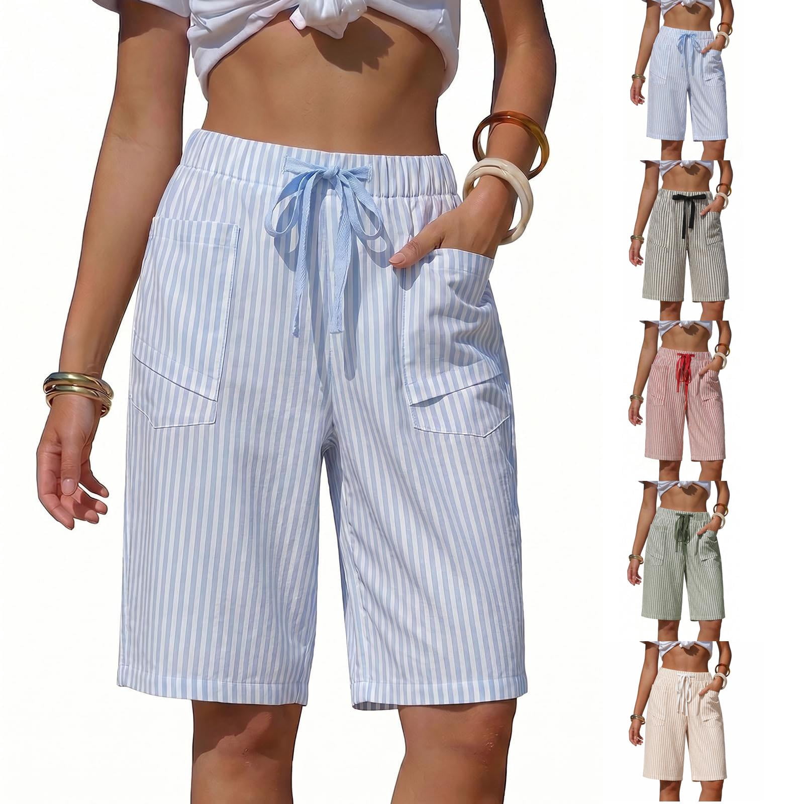 Lumtrix Women'S Striped Bermuda Shorts Dressy Casual Drawstring Elastic ...