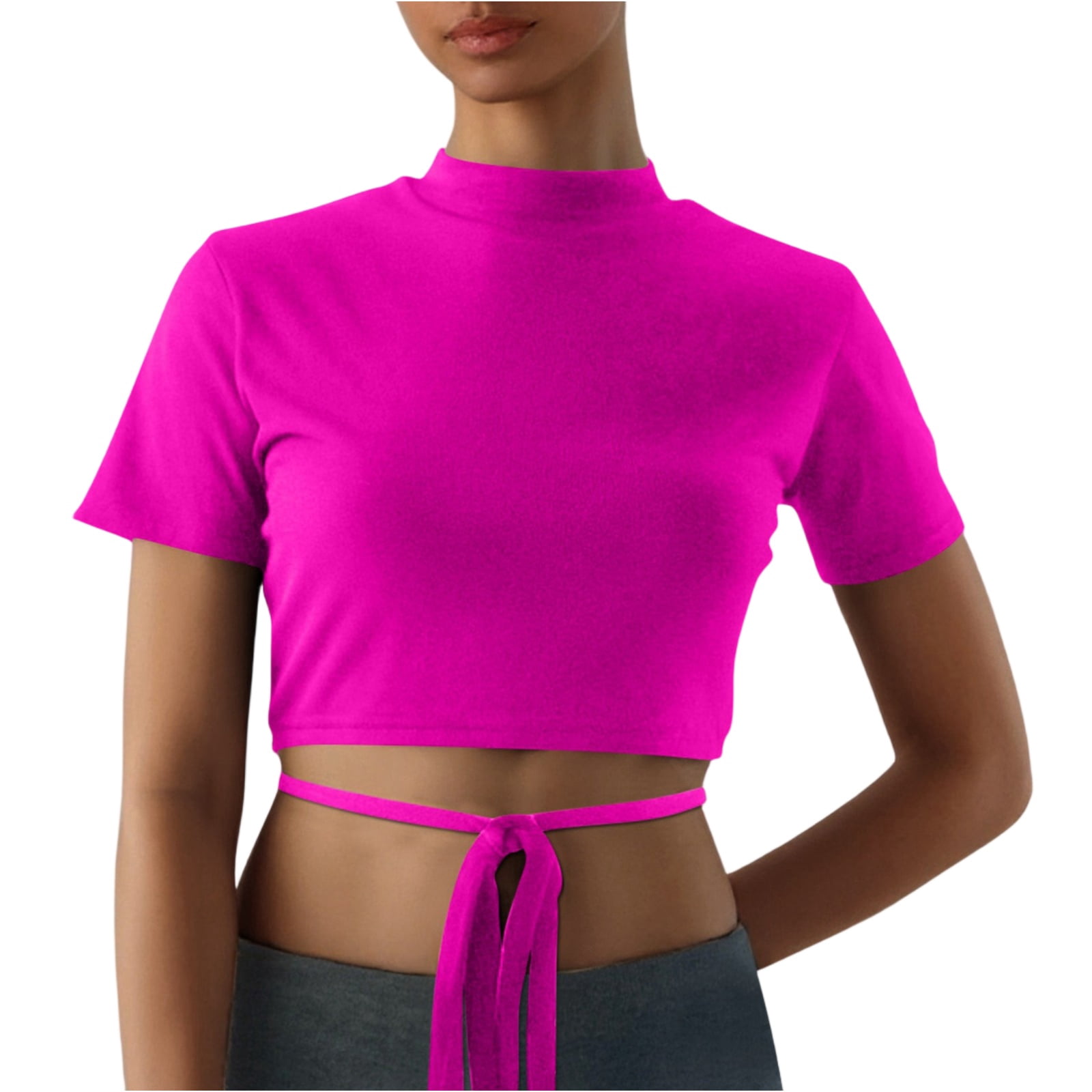 Lumtrix Women's Turtleneck Short Sleeve Drawstring Side Slim Fit ...