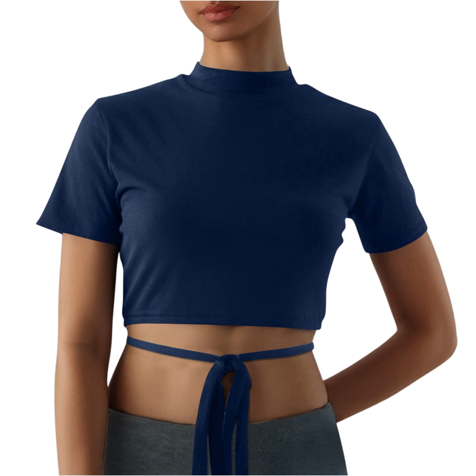 Lumtrix Women's Turtleneck Short Sleeve Drawstring Side Slim Fit ...