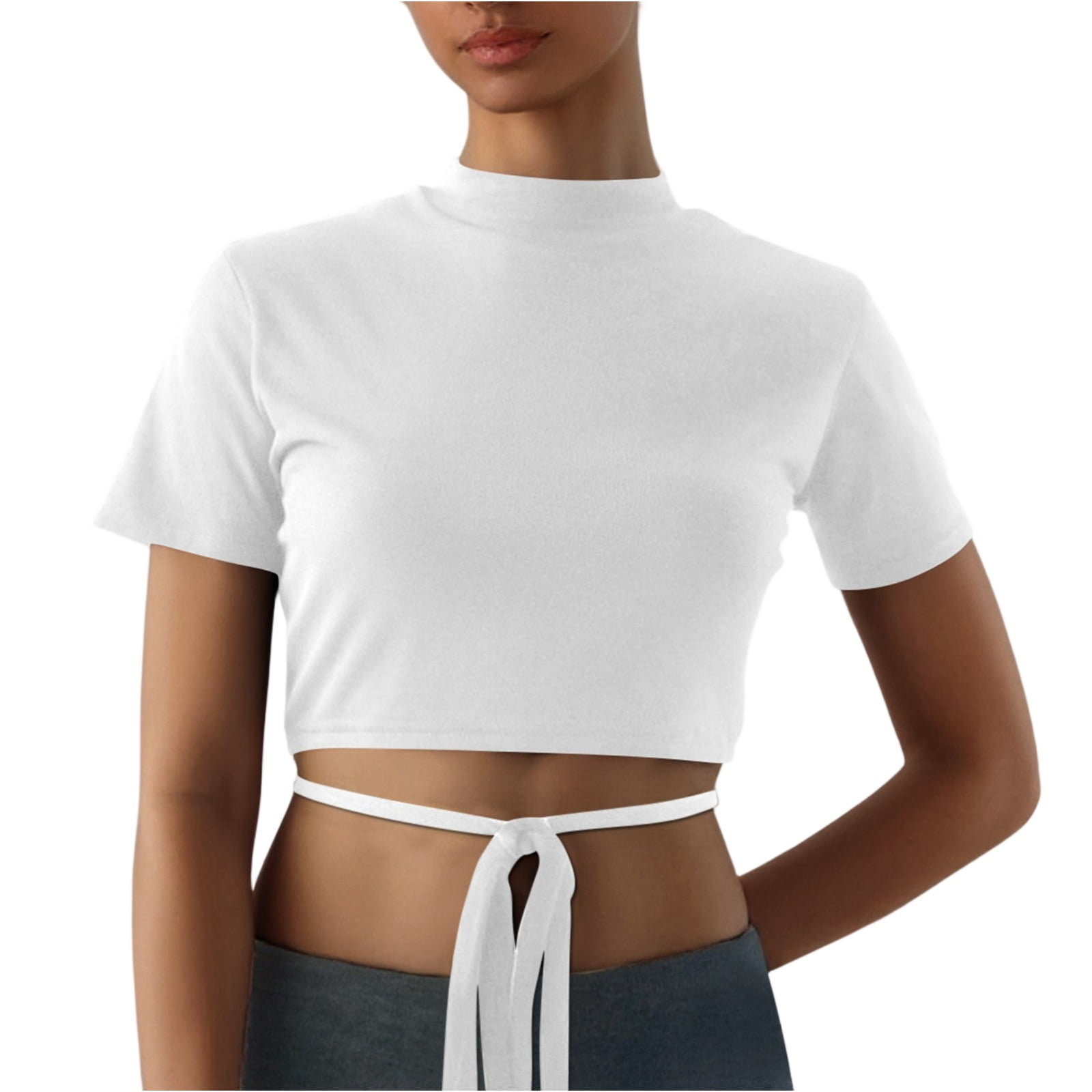 Lumtrix Women's Turtleneck Short Sleeve Drawstring Side Slim Fit ...