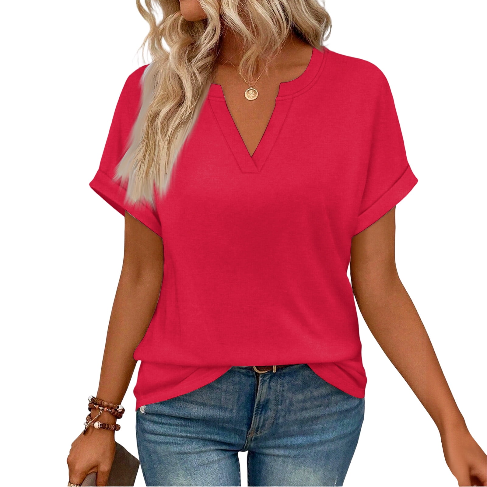 Lumtrix Womens Tops Dressy Casual V Neck Rolled Sleeve T-Shirts ...