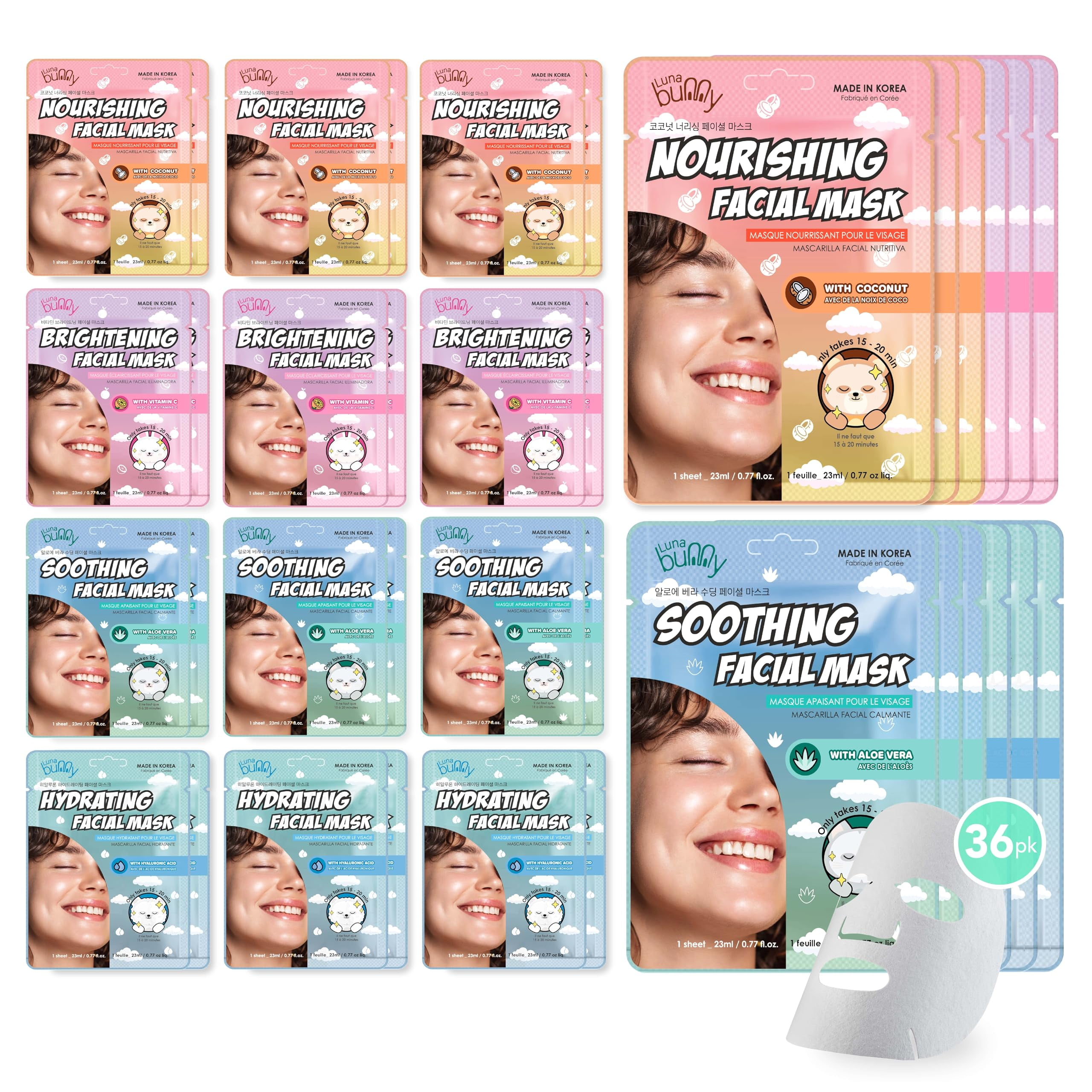 Luna Bunny 36PK Facial Sheet Mask, Brightening, Nourishing & Hydrating ...