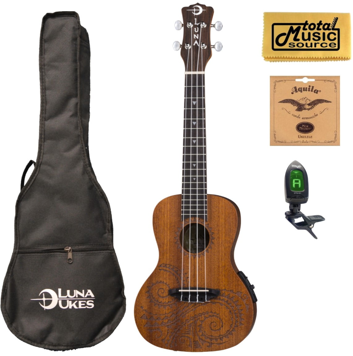 Luna Guitars A/E Concert Tattoo LEFTY w/Strings,Tuner & PC, UKE TEC MAH ...