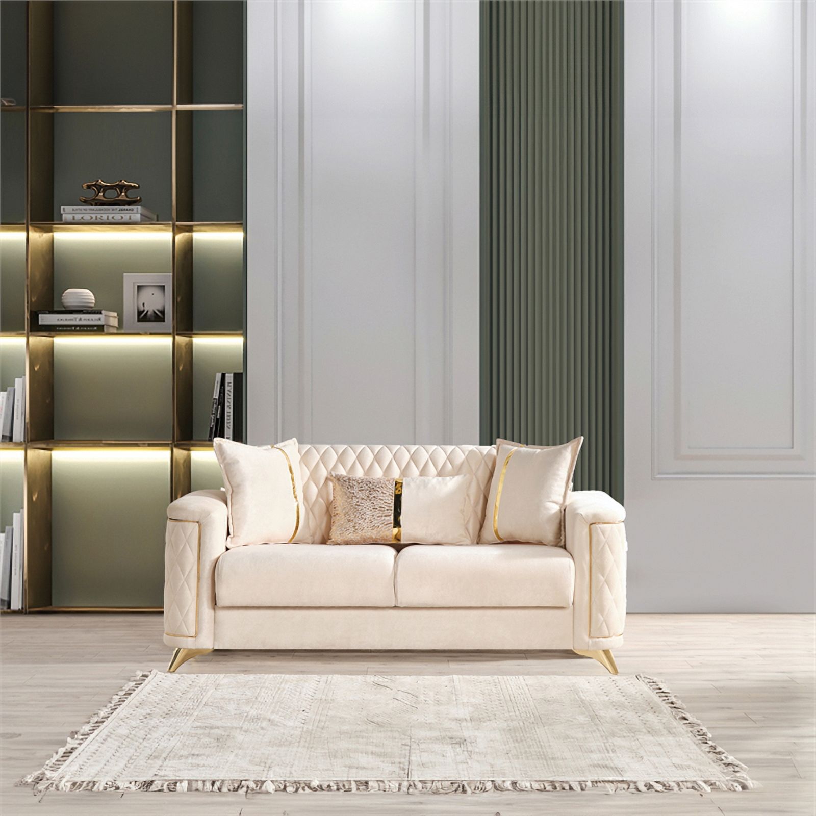 Luna Loveseat Finished in Velvet Fabric made with wood in Ivory Color ...