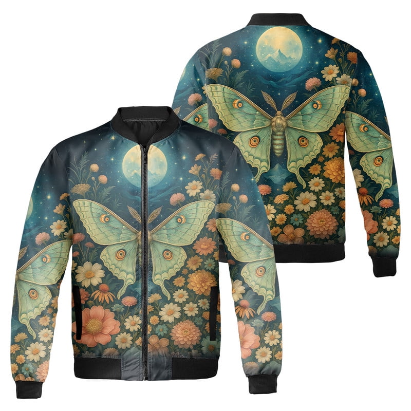 Luna Moth Bomber Jacket – Vintage Aesthetic Outerwear with Floral, Moon ...