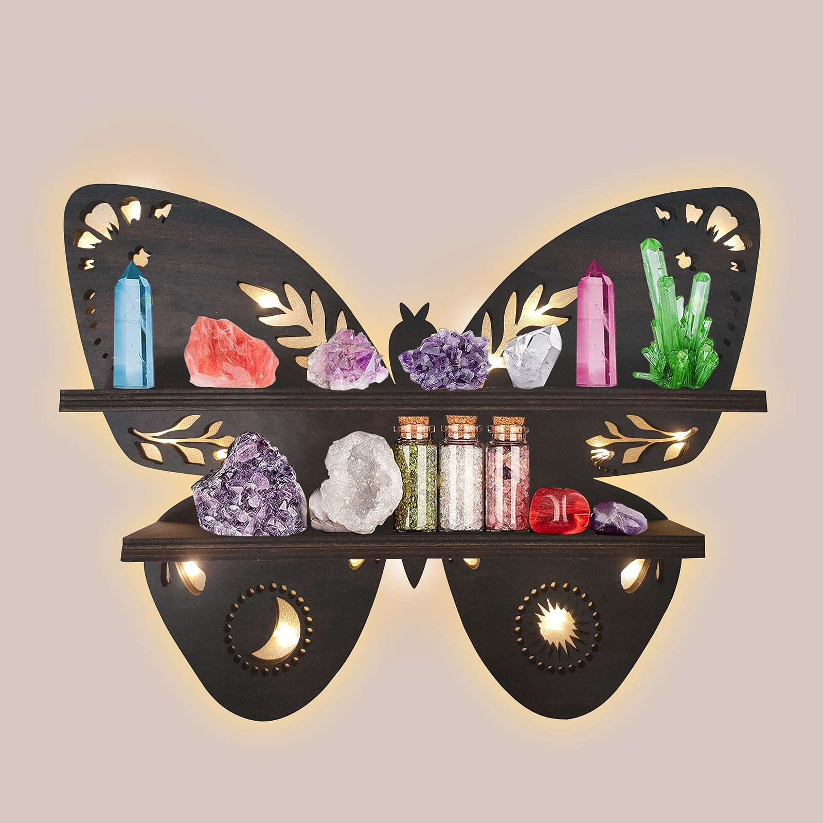 Jamo Homzi Luna Moth Crystal Shelf, Boho Wood Floating Shelves with ...