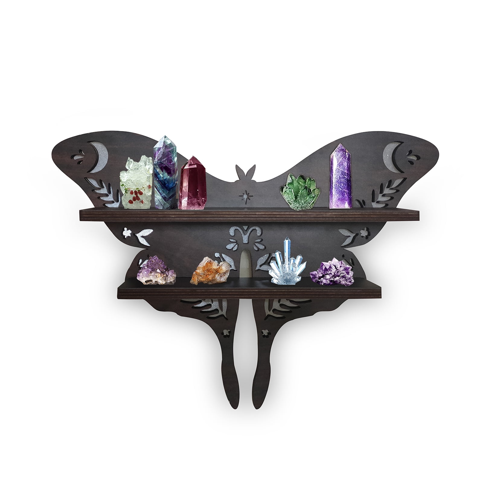 Luna Moth Crystal Shelf Display, Boho Wood Wall Floating Shelves with ...