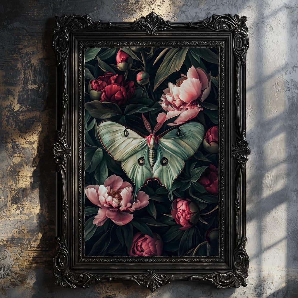 Luna Moth Print Dark Botanical Prints Dark Cottagecore Wall Art Vintage ...