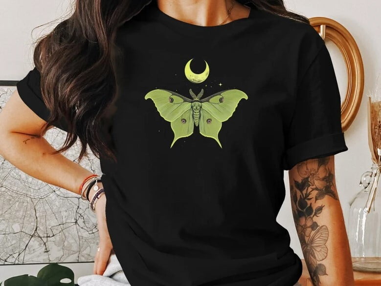 Luna Moth and Crescent Moon Graphic T-shirt, Nature Inspired, Mystical ...