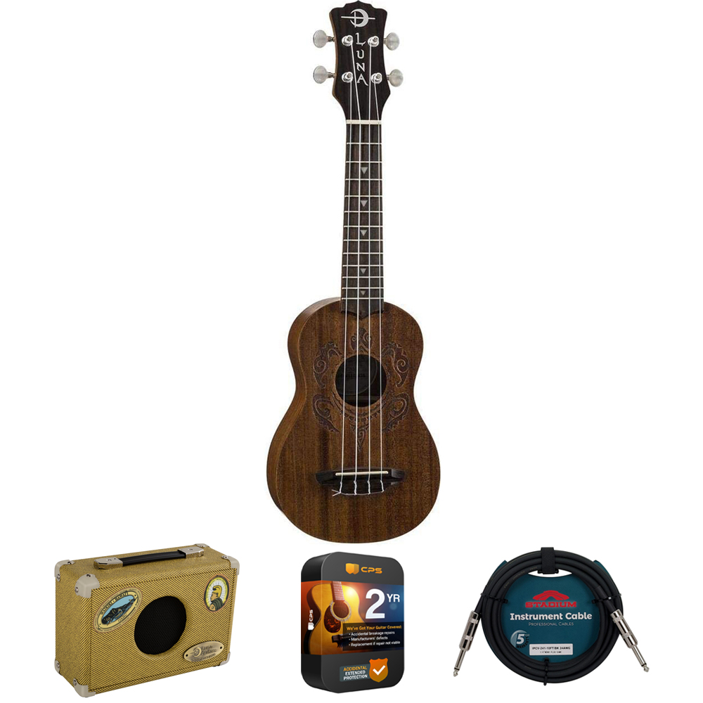 Luna UKE HONU Honu Tribal Turtle Soprano Ukulele Pack Bundle with Luna ...
