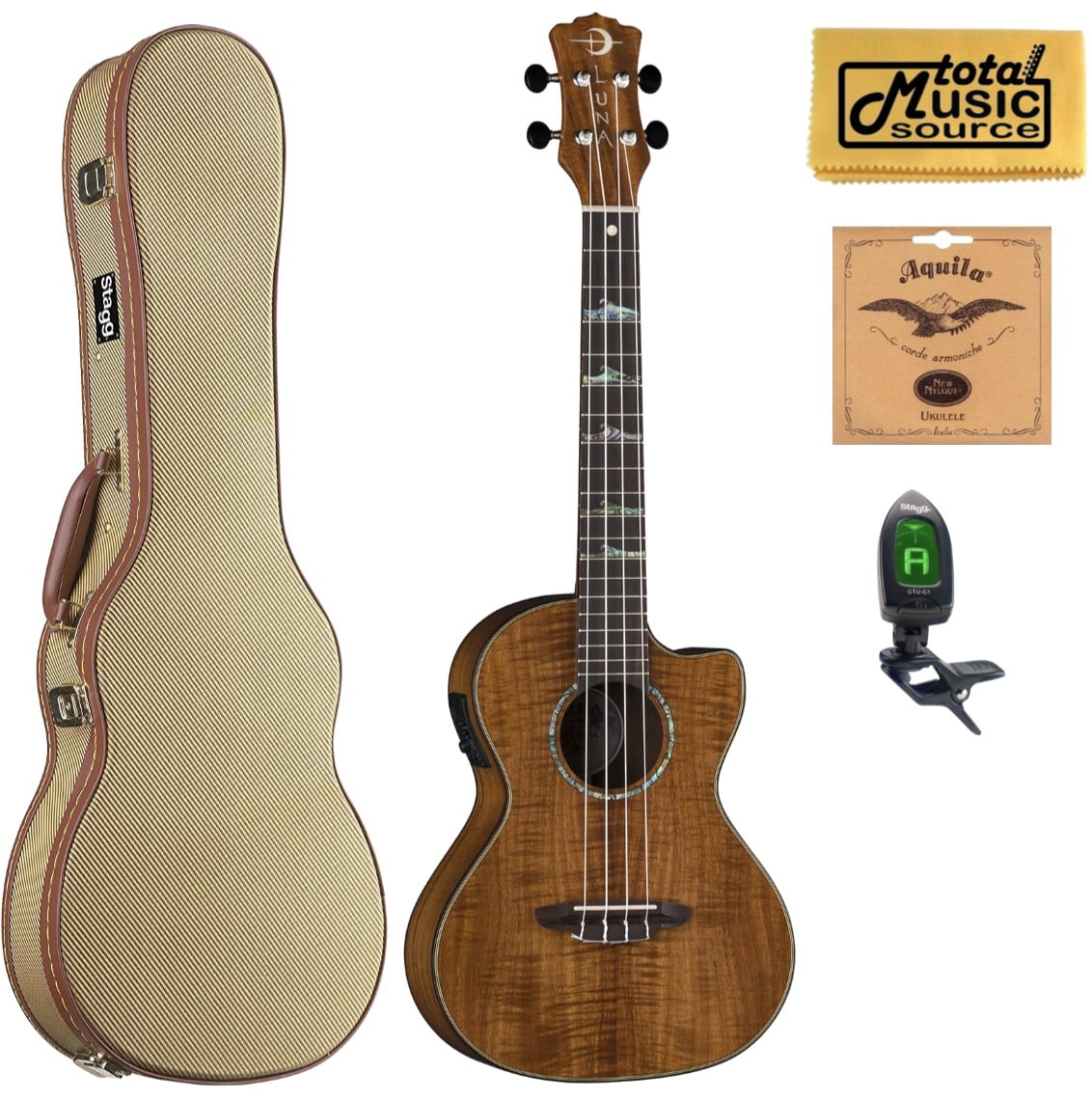 Luna UKE HTT KOA Tenor Ukulele with Built-in Preamp TMS Case Bundle ...
