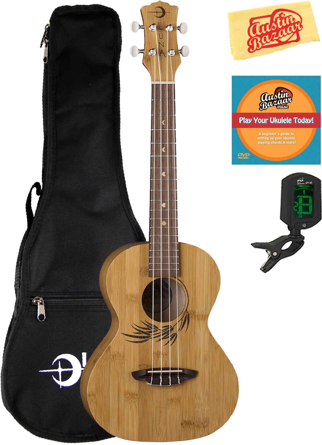 Luna Uke Bamboo Concert Ukulele Bundle with Gig Bag, Tuner, Austin ...
