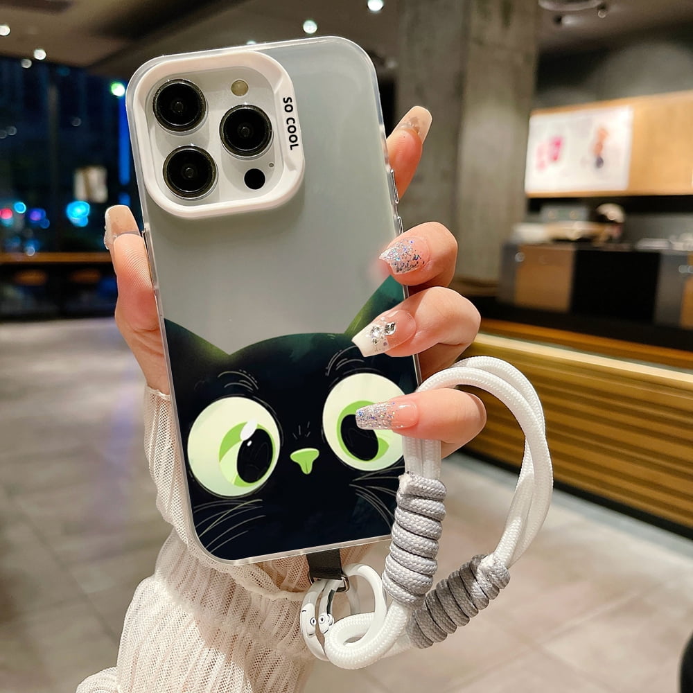 LunaGlo Cute Cartoon Black Cat Electroplate Lanyard Strap Phone Case ...