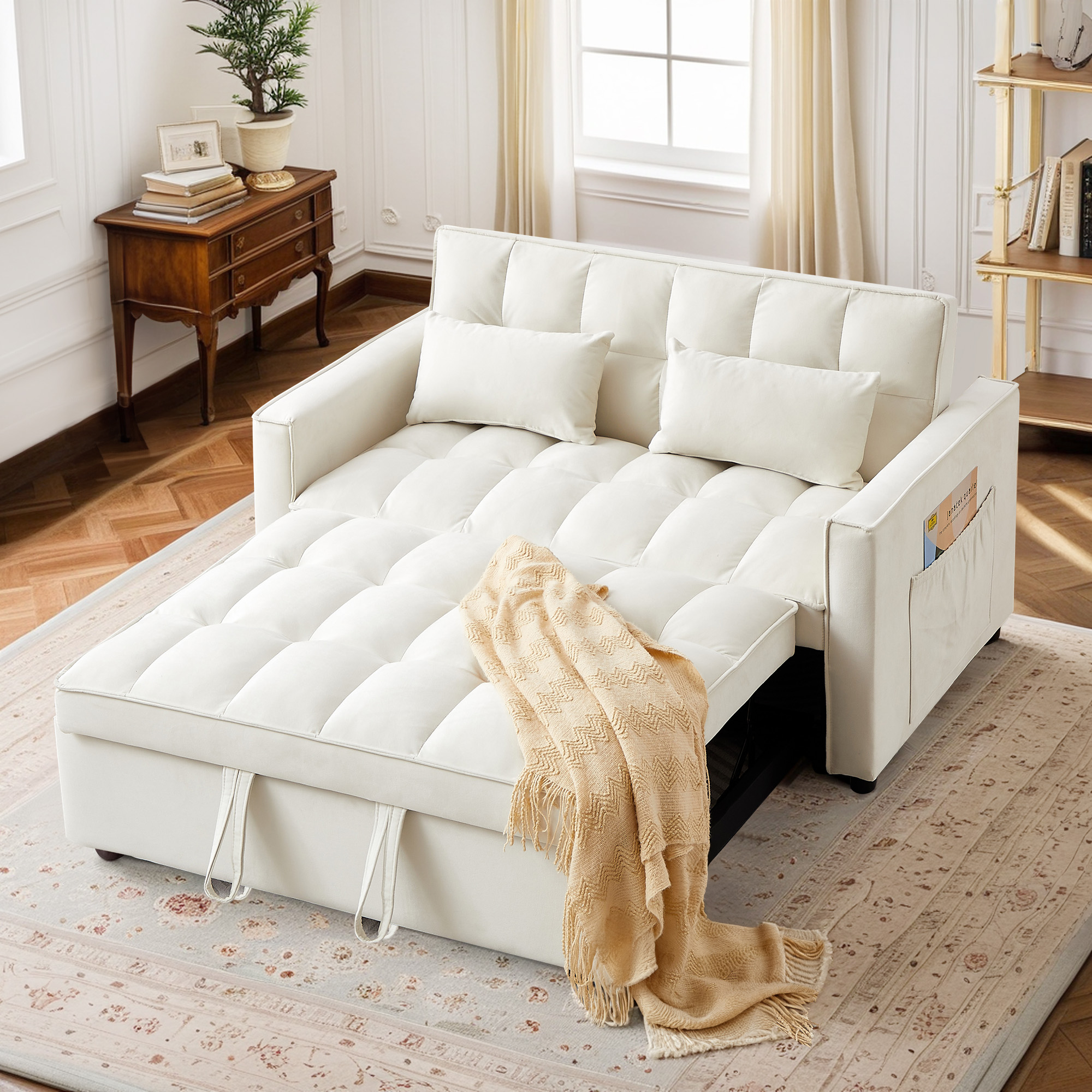 Convertible Sleeper Sofa with Pull Out Bed,Velvet Loveseat Sofa with 2 ...