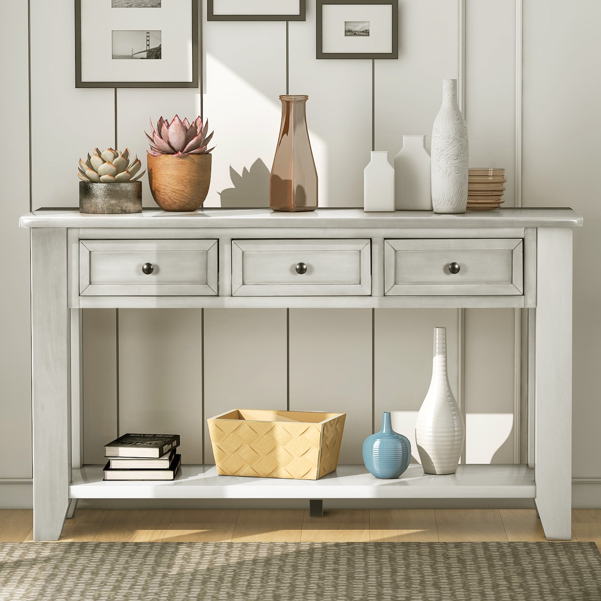 Lunale 55.1" Modern Storage Console Table with 3 Drawers and 1 Shelf ...