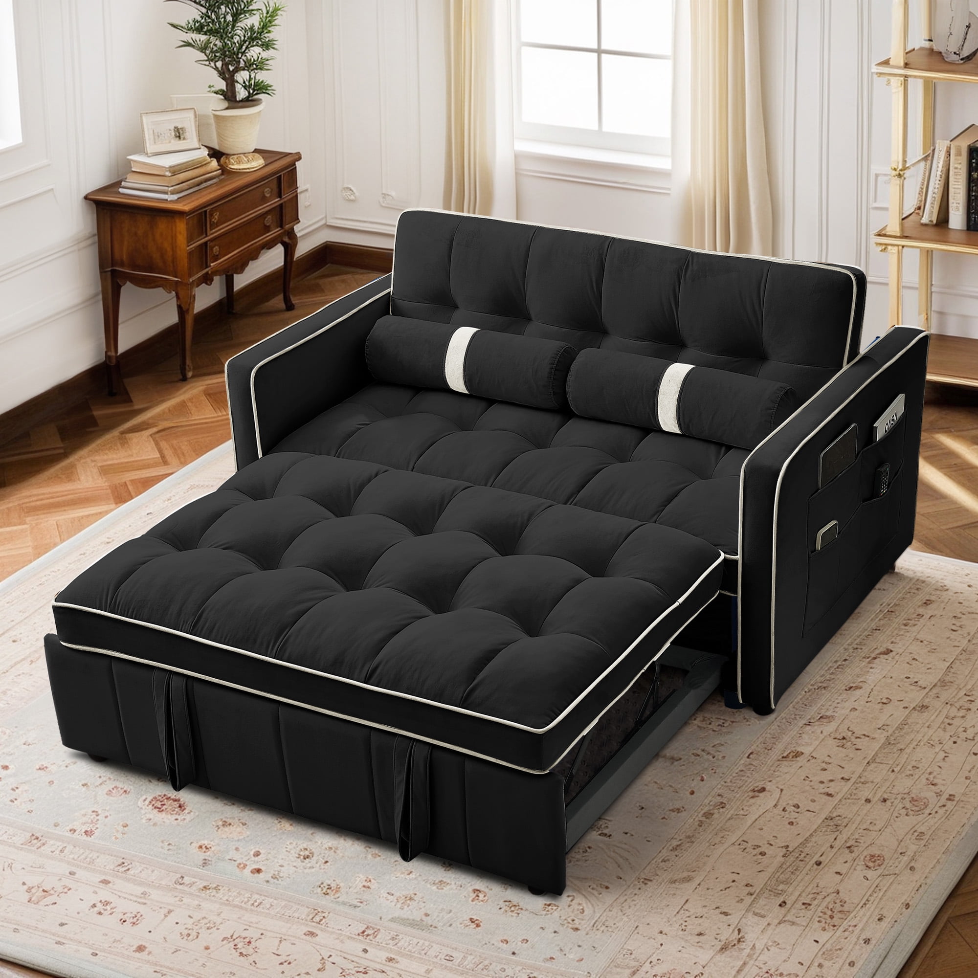 Lunale 55" Convertible Futon Sofa Bed, Tufted Sleeper Loveseat for Living Room, Black Velvet ...