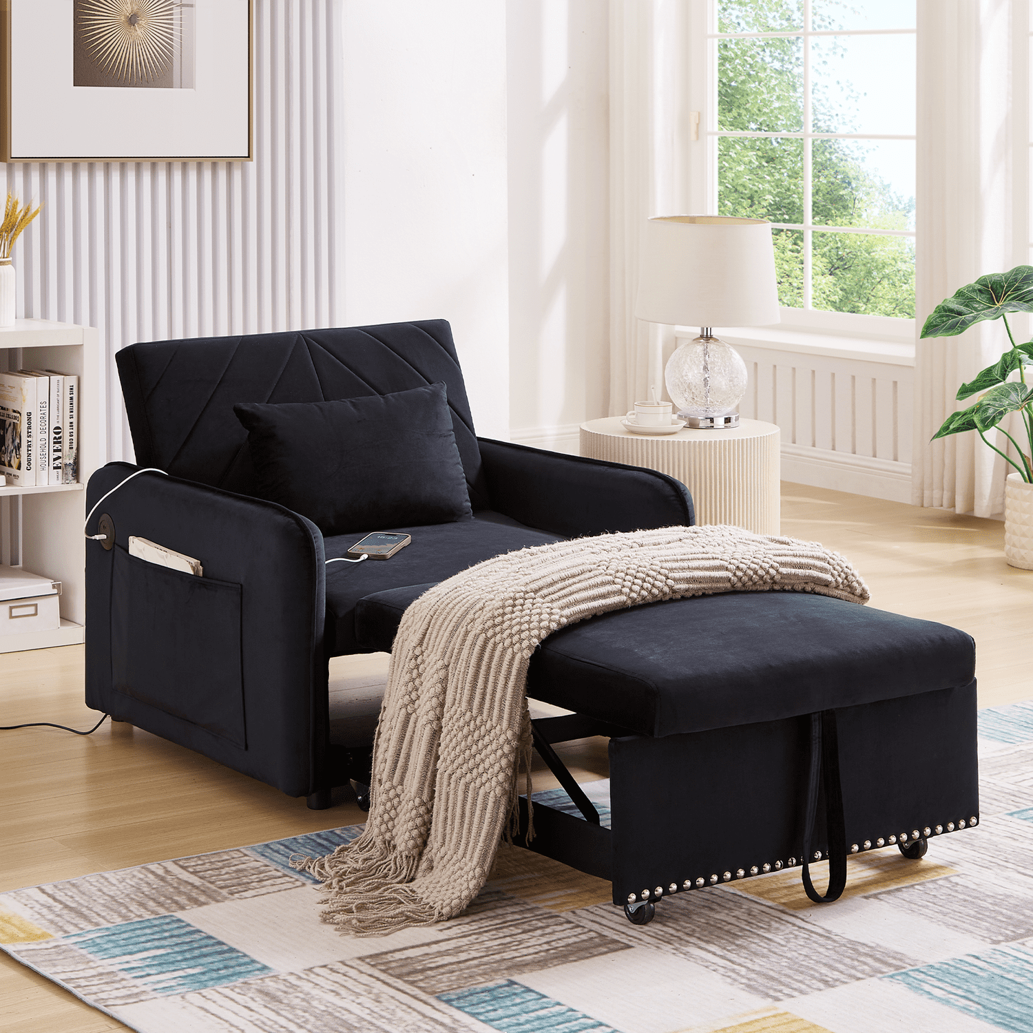 Lunale Convertible Sleeper Chair Bed, Indoor Lounge Chair with USB ...