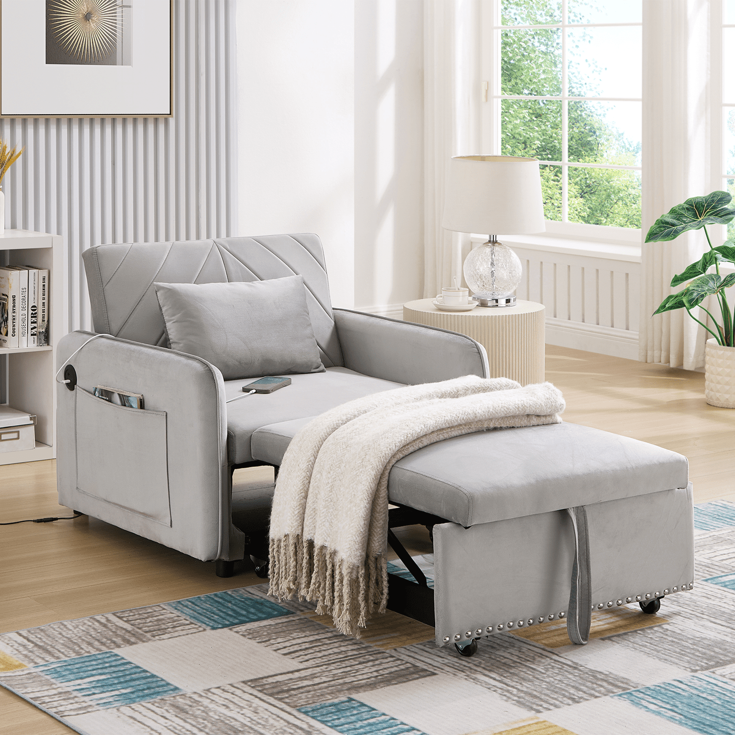 Lunale Convertible Sleeper Chair Bed, Indoor Lounge Chair with USB ...