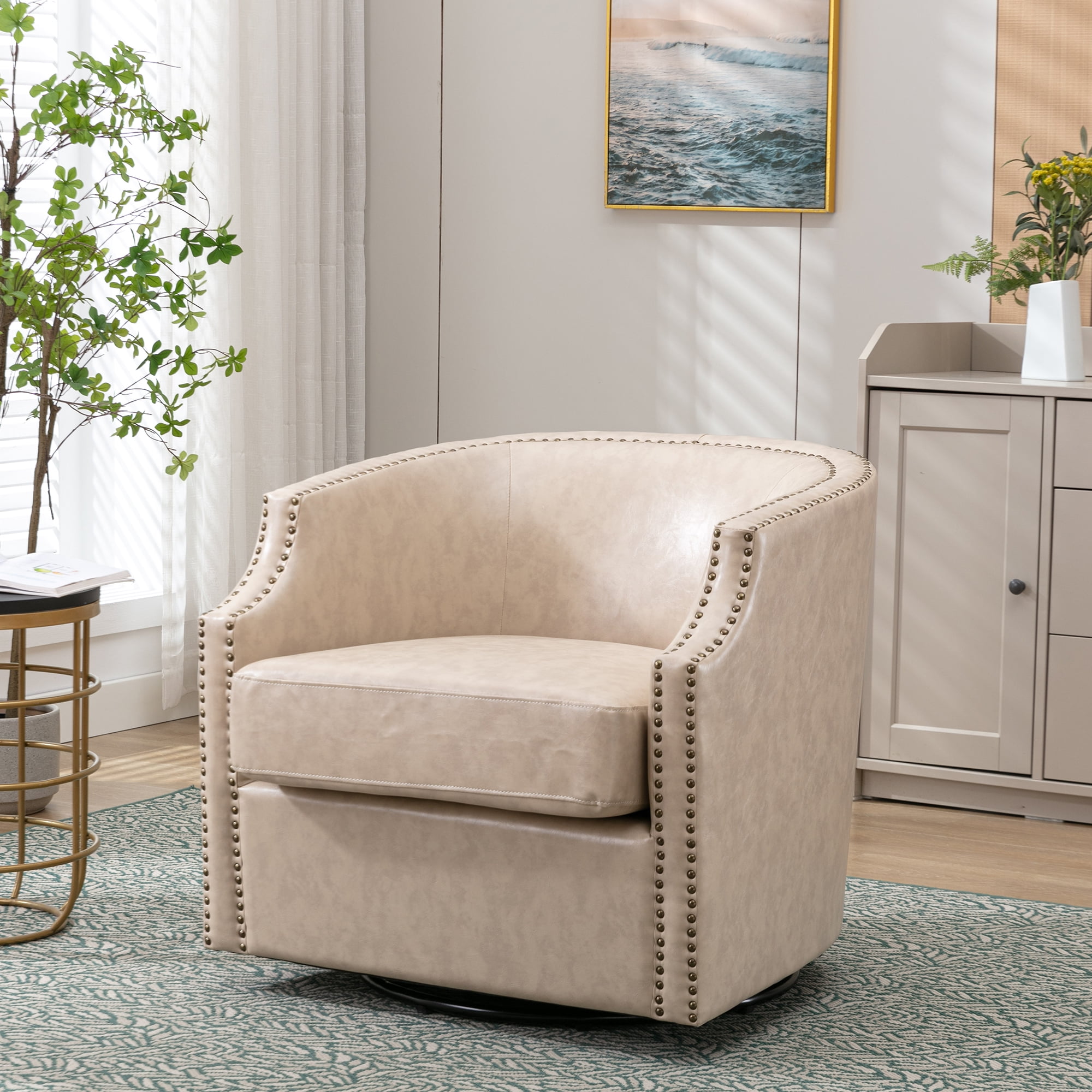 Lunale Leather Swivel Accent Barrel Chair, Club Chair Comfy Reading ...