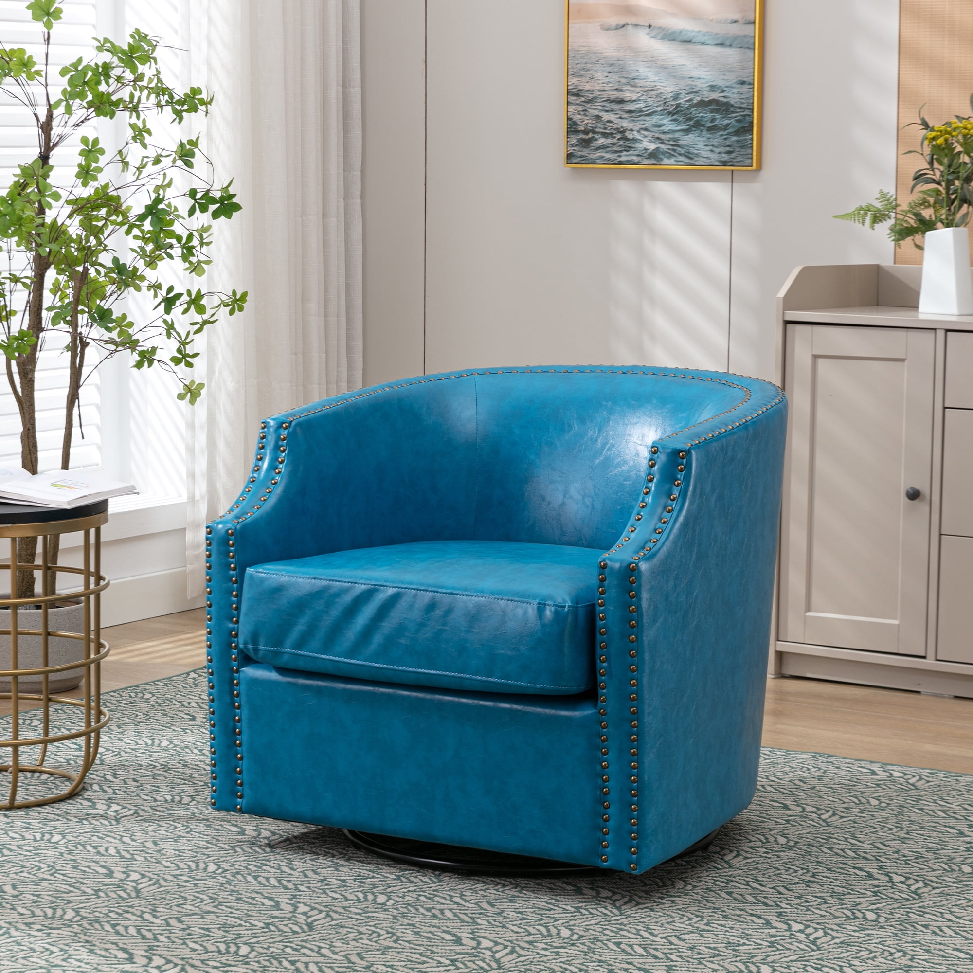 Lunale Light Blue Leather Swivel Barrel Chair, Comfy Reading Armchair ...