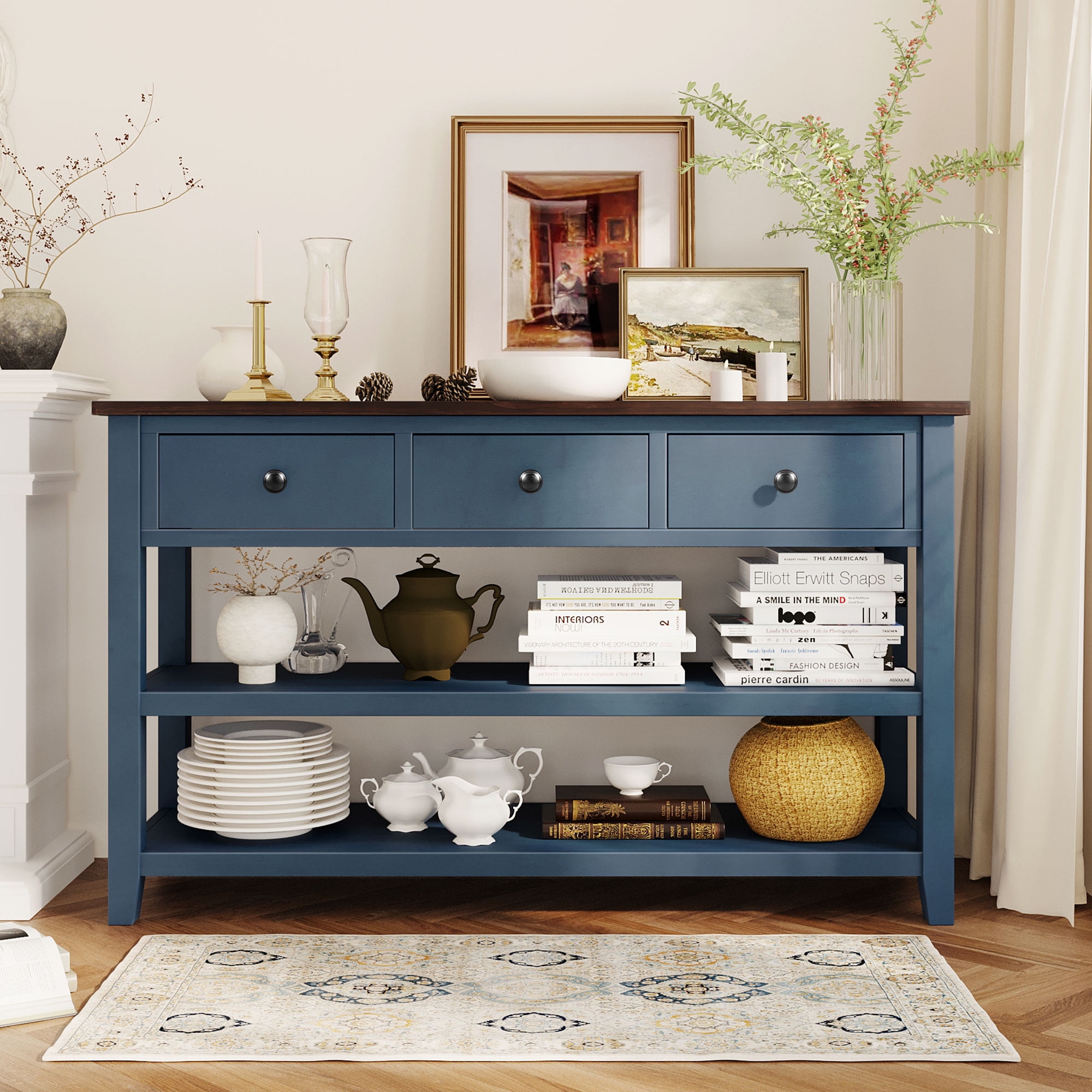 Vastcury Retro Console Table with 3 Drawers 2 Shelves, Solid Sofa Table ...