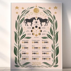 Lunar Calendar 2026 Year Of The Horse, Minimalist Moon Phases Print ...