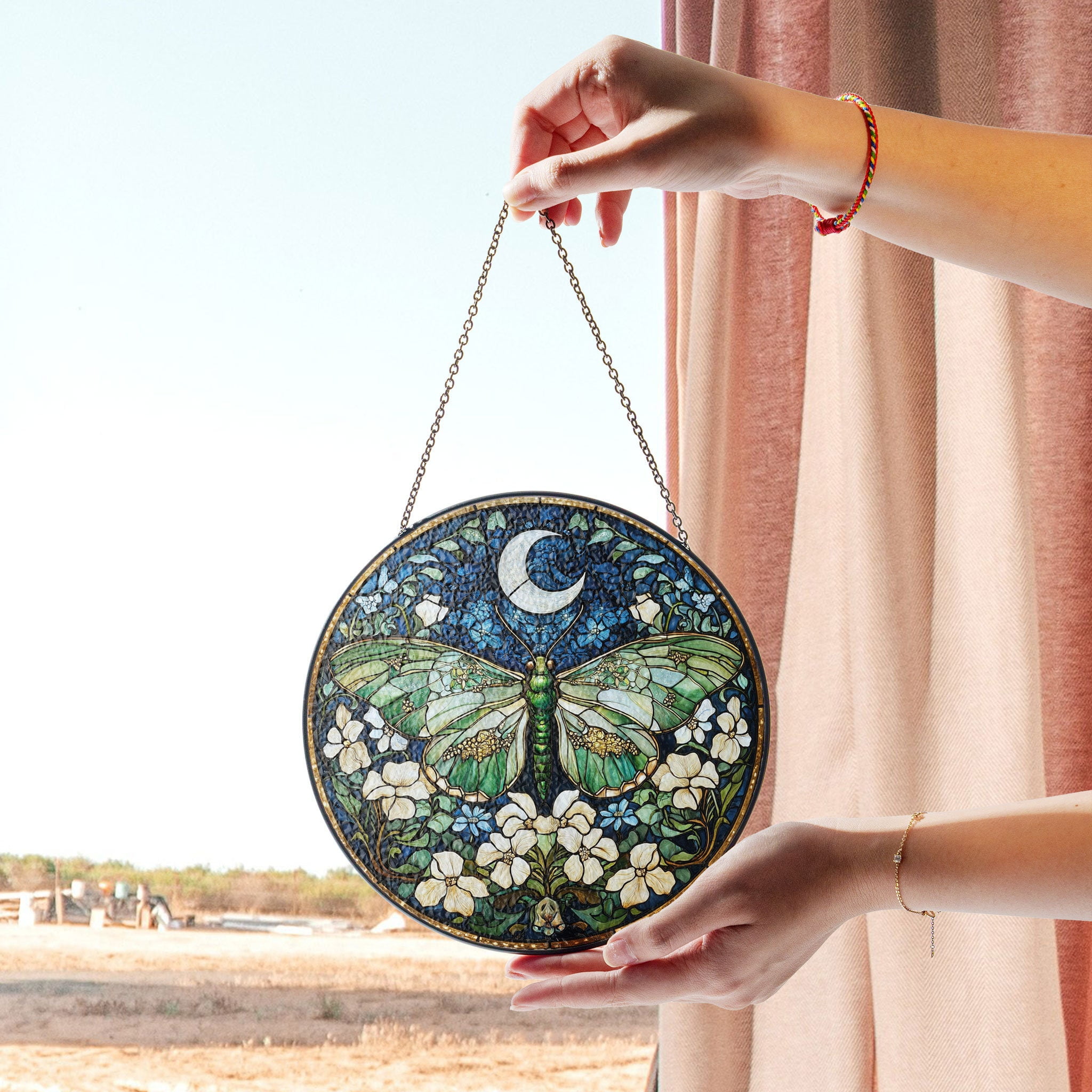 Lunar Moth and Moon Stained Glass Window Hanging - Enchanting Floral ...
