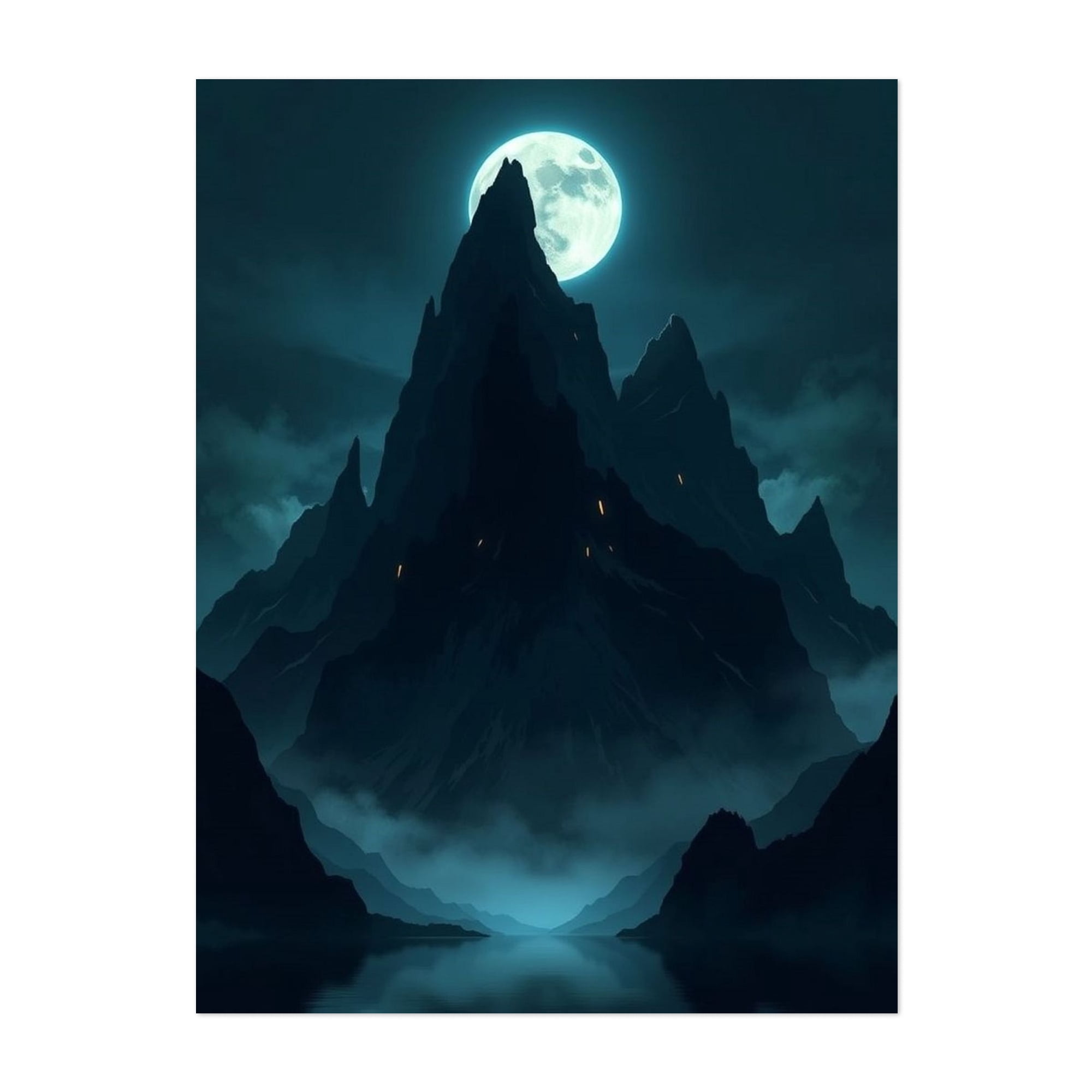 Lunar Peaks over Misty Waters - Digital Art Moon Mystical Night Sky ...