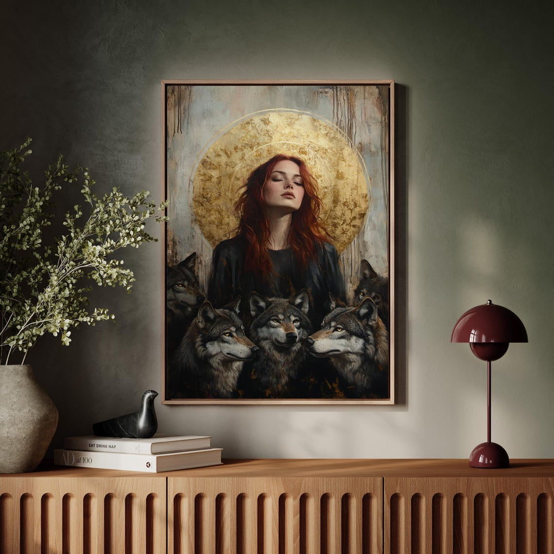 Lunar Priestess With Wolves Art - Red-Haired Woman And Wolf Pack ...
