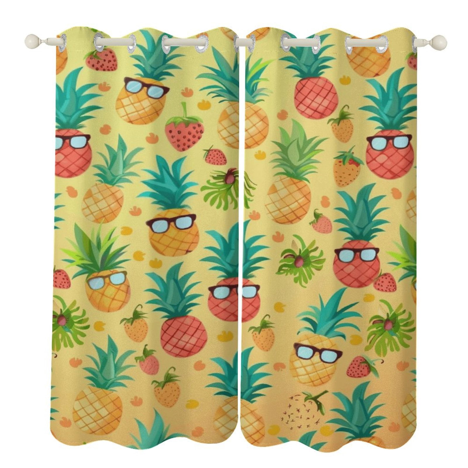 Lunarable Pineapple 2 Panel Curtain Set, Watercolor Painting Window ...