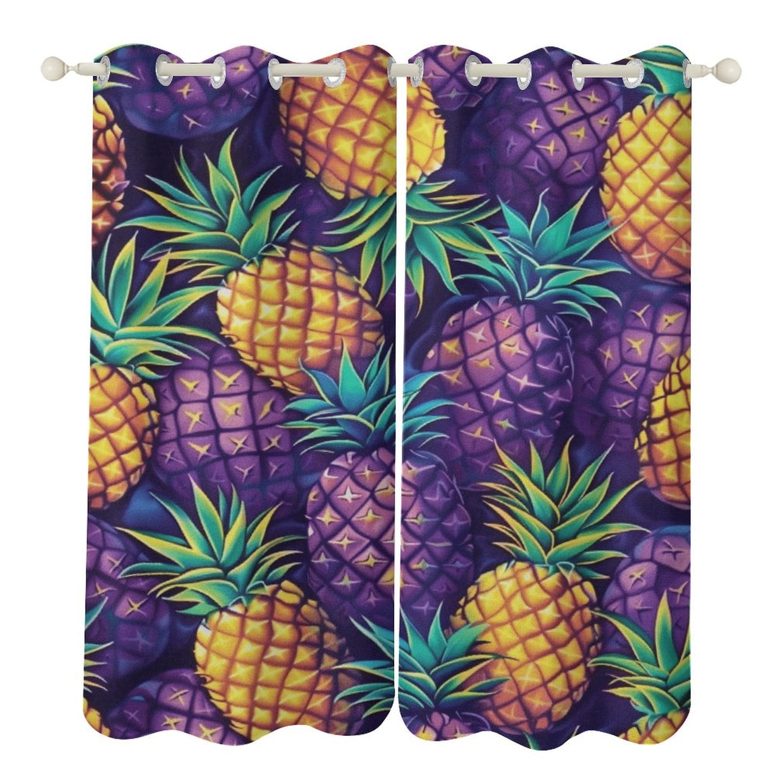 Lunarable Pineapple 2 Panel Curtain Set, Watercolor Painting Window ...