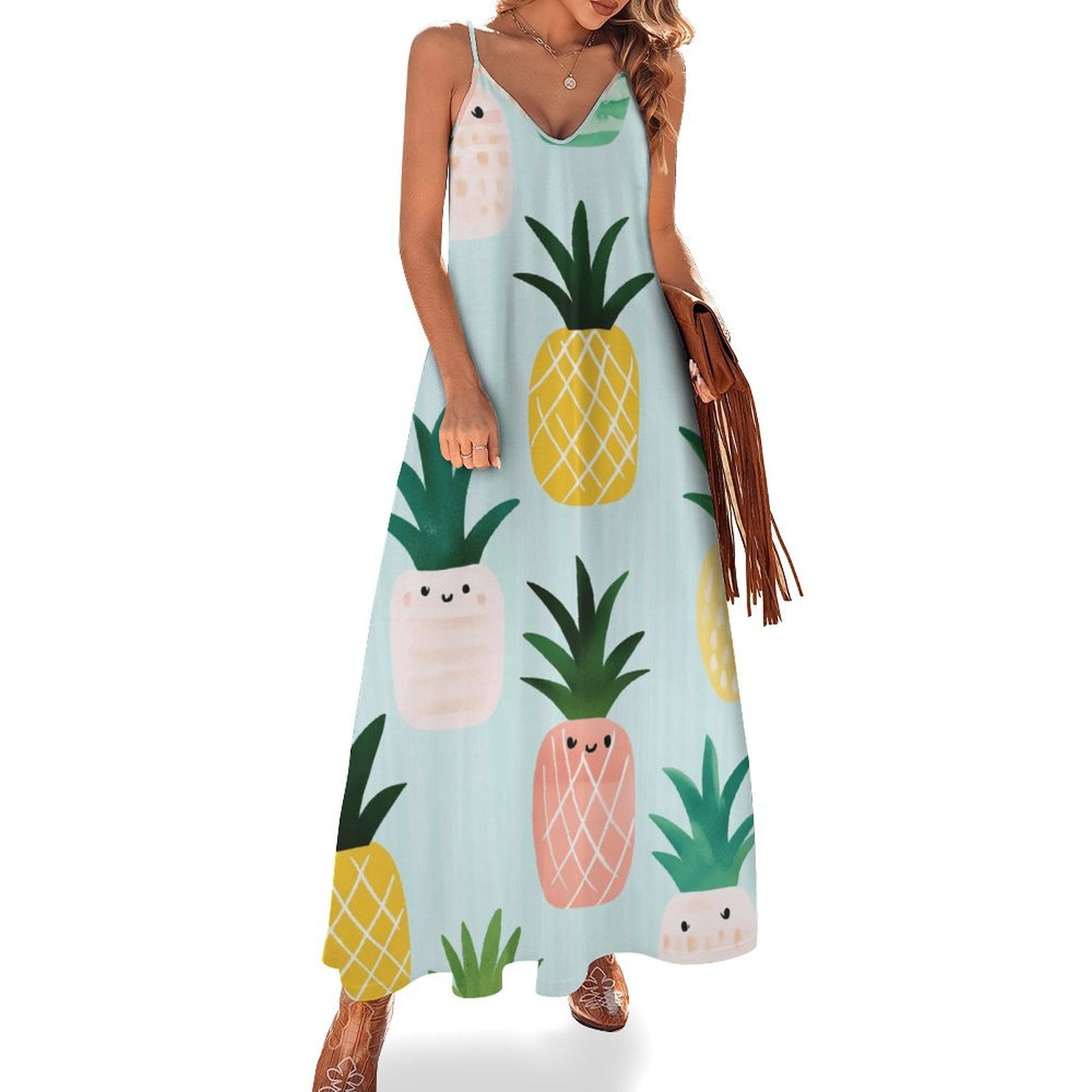 Lunarable Pineapple Design Sleeveless Dress Woman Fashion Long Dresses ...
